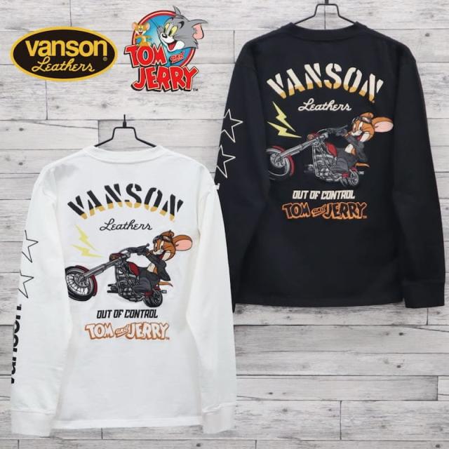 【送料無料】新品 メンズ トムとジェリー VANSON バンソン コラボ 長袖 Tシャツ ロンT ティーシャツ バイク 刺繍 プリント レディース ユニセックス キャラクター グッズ Tom＆jerry トムジェリ 白 オフホワイト 黒 ブラック