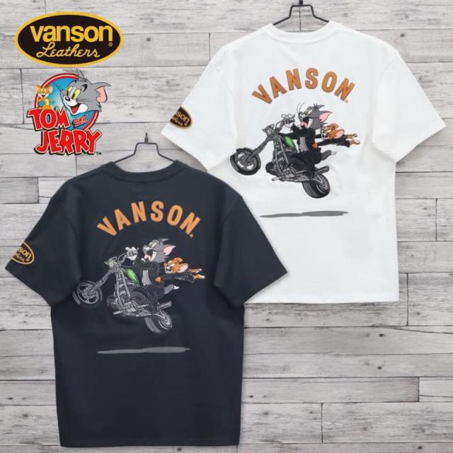 【送料無料】メンズ トムとジェリー VANSON バンソン コラボ 半袖 Tシャツ 半袖Tシャツ ティーシャツ バック 刺繍 胸刺繍 TOM＆JERRY トムジェリ バイク レディース ユニセックス 白 ホワイト 黒 ブラック