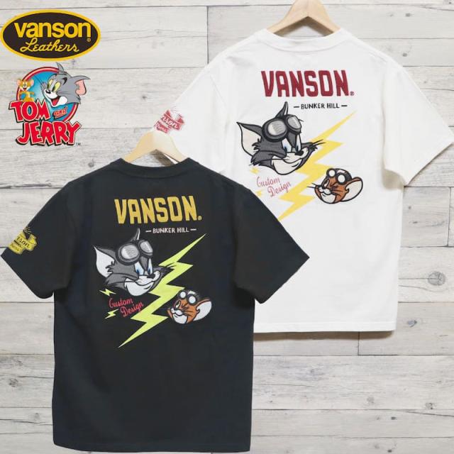 【送料無料】メンズ トムとジェリー VANSON コラボ 半袖 tシャツ 半袖Tシャツ ティーシャツ バック 刺繍 胸刺繍 バンソン バイカー トムジェリ レディース ユニセックス 白 ホワイト 黒 ブラック