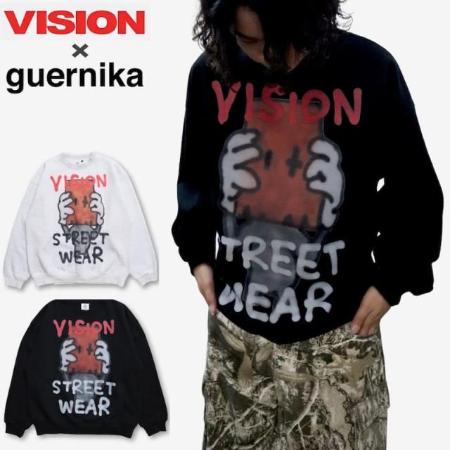 【送料無料】メンズ vision street wear ヴィジョンストリートウェア guernika ゲルニカ コラボ トレーナー スウェット プルオーバー 長袖 アノニマウス キャラクター イラスト プリント オーバーサイズ 裏起毛 ユニセックス レディース ライトグレー 黒 ブラック