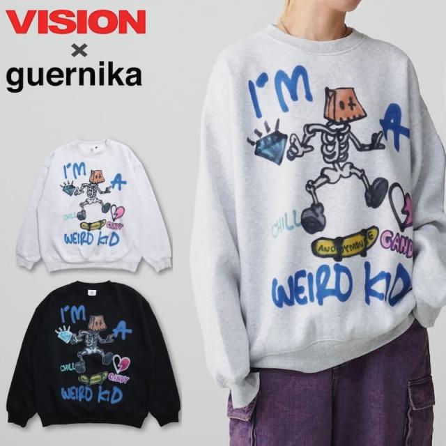 【送料無料】メンズ vision street wear ヴィジョンストリートウェア guernika ゲルニカ コラボ トレーナー スウェット プルオーバー 長袖 スカル スケーター キャラクター イラスト プリント オーバーサイズ 裏起毛 ユニセックス レディース ライトグレー 黒 ブラック