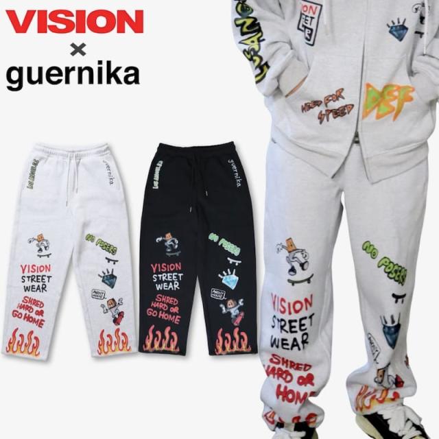 【送料無料】メンズ vision street wear ヴィジョンストリートウェア guernika ゲルニカ コラボ スウェット パンツ ズボン ボトムス スウェパン アノニマウス キャラクター イラスト 裏起毛 セットアップ可能 ユニセックス レディース ライトグレー 黒 ブラック