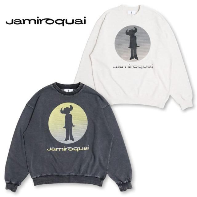 【送料無料】メンズ ジャミロクワイ Jamiroquai 長袖 トレーナー スウェット トップス バッファローマン プリント サークル ヴィンテージ加工 ウォッシュ加工 ワイドシルエット ユニセックス レディース ライトグレー 黒 ブラック