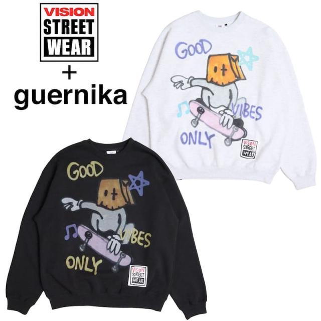 【送料無料】メンズ vision street wear ヴィジョン guernika ゲルニカ コラボ トレーナー0 スウェット プルオーバー 長袖 アノニマウス イラスト プリント オーバーサイズ 裏起毛 ユニセックス レディース ライトグレー 黒 ブラック