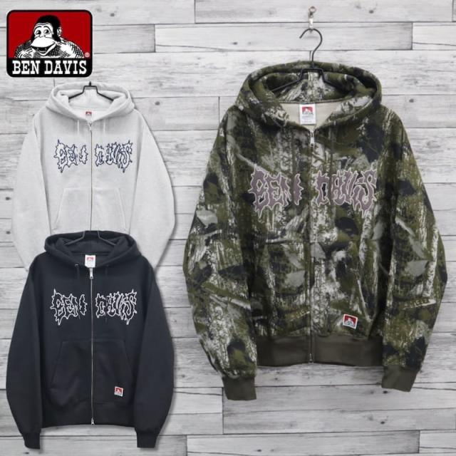 【送料無料】メンズ ベンデイビス BEN DAVIS BENDAVIS ジップ パーカー フーディー スウェット ダブルジップ 裏起毛 タギングロゴ 刺繍 オーバーサイズ ゆったり レディース ユニセックス アッシュ グレー 黒 ブラック リアルツリー カモ 25780052