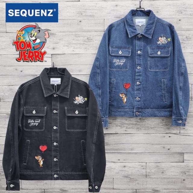 【送料無料】メンズ トムとジェリー シークエンズ コラボ デニムジャケット Gジャン 羽織り ライトアウター ビッグシルエット オーバーサイズ トムジェリ TOM&JERRY 刺繍 ユニセックス レディース 青 ブルー 紺 ネイビー 黒 ブラック