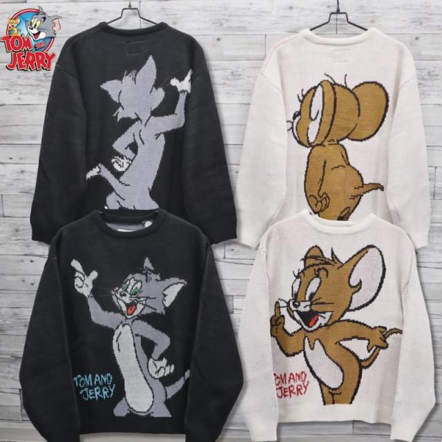 【送料無料】トムとジェリー TOM&JERRY ニット セーター クルーネック トムジェリ トム ジェリー キャラクター グッズ シークエンズ コラボ ユニセックス メンズ レディース アイボリー 黒 ブラック 25370905