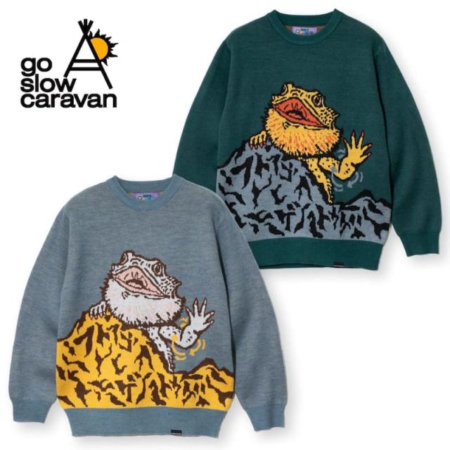 【送料無料】ゴースローキャラバン go slow caravan フトアゴヒゲトカゲ ジャガード ニット セーター 長袖 フトアゴ トカゲ ユニセックス メンズ レディース サックス ブルーグリーン