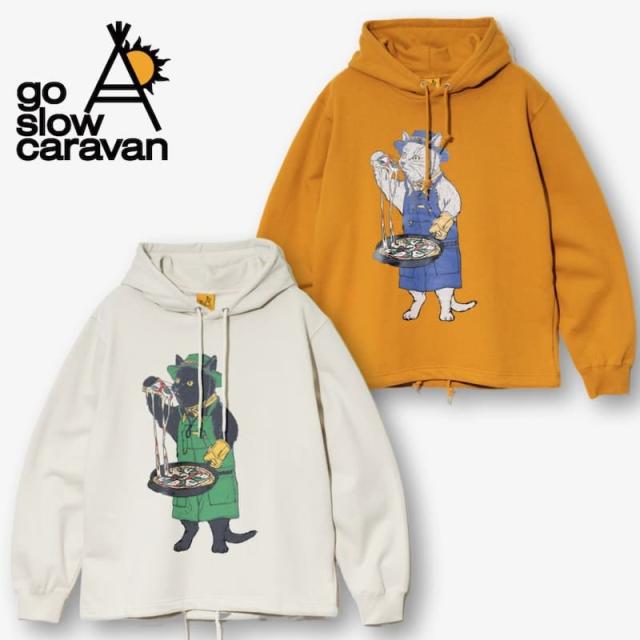 【送料無料】ゴースローキャラバン goslowcaravan 長袖 裏毛 パーカー フーディー プルオーバー ピザ 猫 ネコ ねこ キャンパー猫 キャンプ猫 ユニセックス メンズ レディース アイボリー イエロー タン