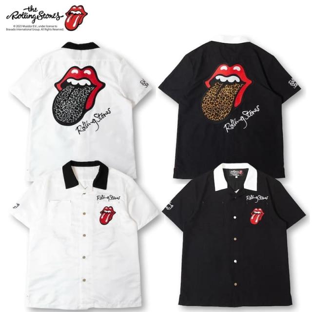 【送料無料】メンズ THE ROLLING STONES ローリングストーンズ JACKROSE ジャックローズ コラボ 半袖 シャツ ボーリングシャツ 開襟 オープンカラー LIPS＆TAN 刺繍 アニマル ヒョウ柄 レオパード ユニセックス 白 ホワイト 黒 ブラック