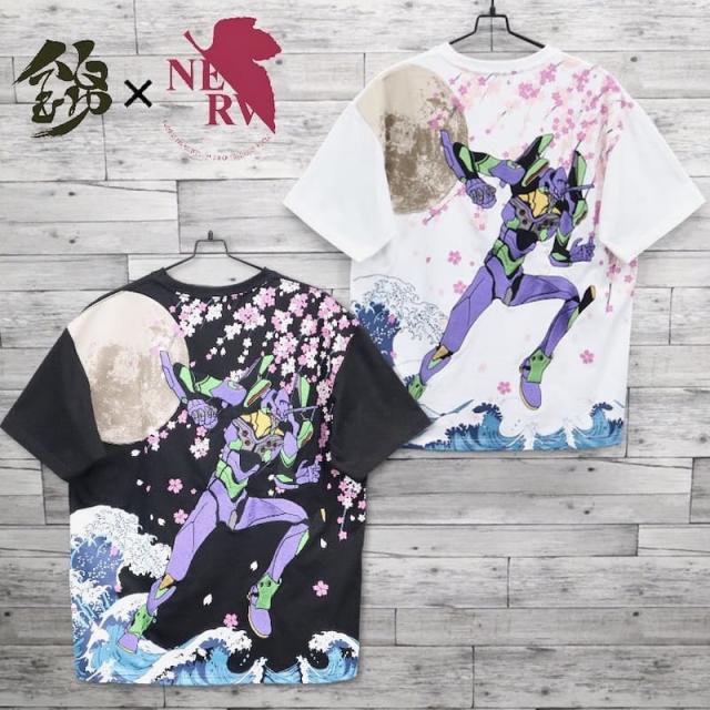 【送料無料】メンズ エヴァンゲリオン エヴァ EVA 錦 NISHIKI コラボ 半袖 Tシャツ 半袖Tシャツ ティーシャツ 初号機 桜 刺繍 プリント 和柄 ユニセックス レディース 白 ホワイト 黒 ブラック