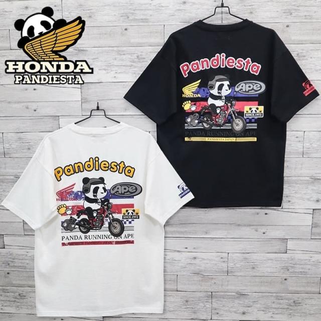 【送料無料】メンズ Honda ホンダ PANDIESTA パンディエスタ コラボ 半袖 Tシャツ 半袖Tシャツ ティーシャツ 刺繍 パンダ APE エイプ オートバイ バイク ユニセックス レディース 白 ホワイト 黒 ブラック