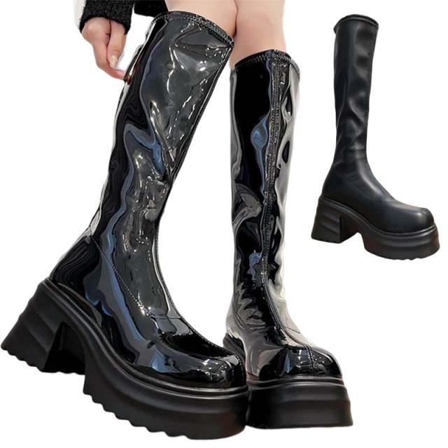 シンプル 厚底 ロングブーツ レディース 太ヒール ブーツ 無地 春 秋 冬