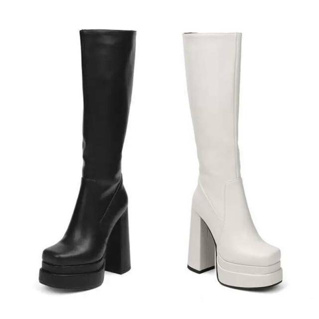 ブーツ ロングブーツ レディース 防寒 スクエアトゥ 美脚 太めヒール 大きいサイズ 小さいサイズ 歩きやすい 履きやすい サイドジップ  春 秋 冬