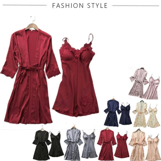 ネグリジェ パジャマ ルームウェア 2点セット レディース カップ付き 前開き  ロング丈 パジャマ セクシー ベルト付き シルク風 ナイトウェア 部屋着 ワンピース ガウン 長袖ガウン オールシーズン