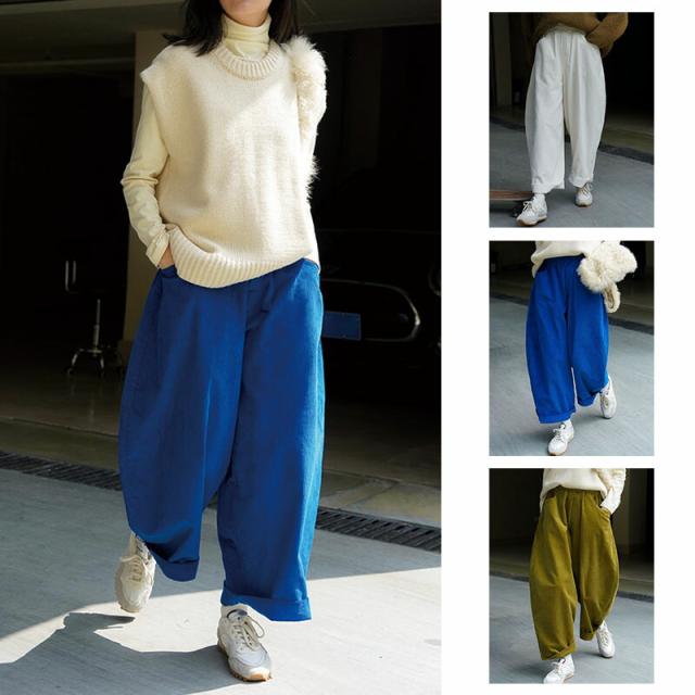 レディース コーデュロイ フレアーパンツ 高腰 エラスティックウエスト ウォーマー カジュアル ロングパンツ シンプル スタイリング