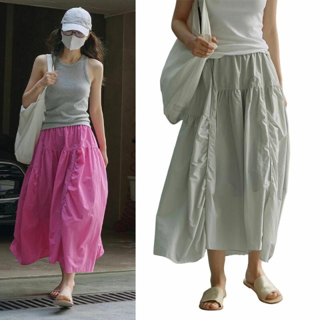 ゆったりAラインスカート マキシ丈 軽量通気性 アウトドアリゾート対応 ゴムウエスト