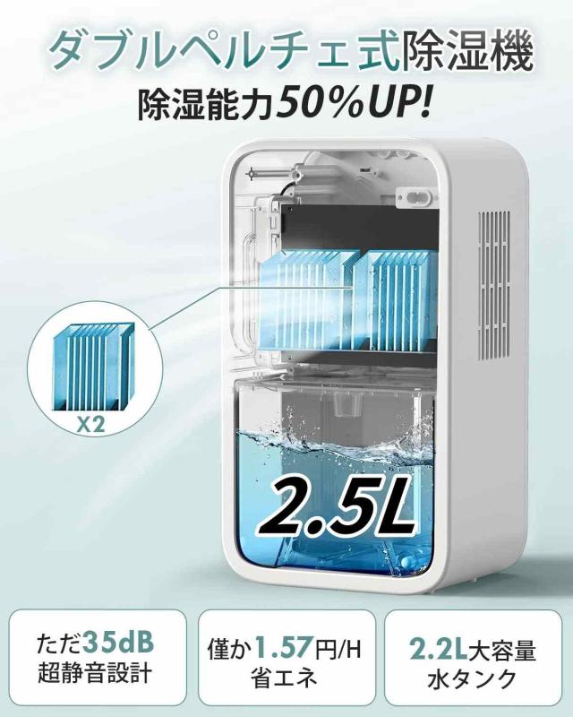 2024新型 除湿機 大容量 2.5L 除湿器 家庭用 コンパクト じょしつき 除湿量1L/日 除湿器 強力除湿 湿気取り 部屋干し 湿気対策 梅雨対策 衣類乾燥 自動停止 静音 省エネ 節電 小型