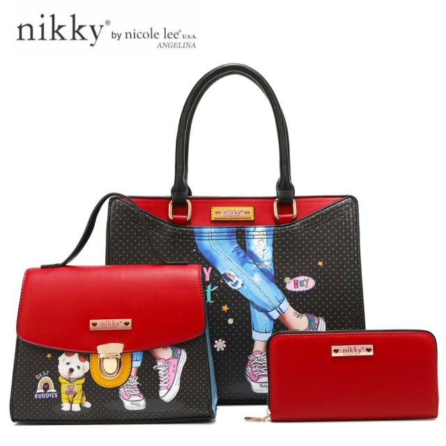 Nikky by nicole lee（ニッキー）NK12365 レディース ３点セット トートバッグ＋スモールハンドバッグ＋ラウンドファスナー長財布 ショルダー ビーガンレザー 30代 40代 20代 春夏秋冬 ENJOY EVERY MOMENT SDGs サステナブル 50代 60代 赤 黒 インスタ