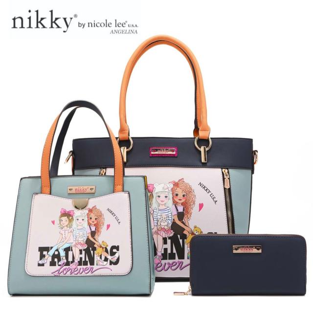 Nikky by nicole lee（ニッキー）NK12380 BEST FRIENDS レディース ３点セット トートバッグ＋ハンドバッグ＋ラウンドファスナー長財布 ビーガンレザー 30代 40代 20代 春夏秋冬 SDGs サステナブル ブルーグレー ガールズポップ インスタ ピンク プレゼント