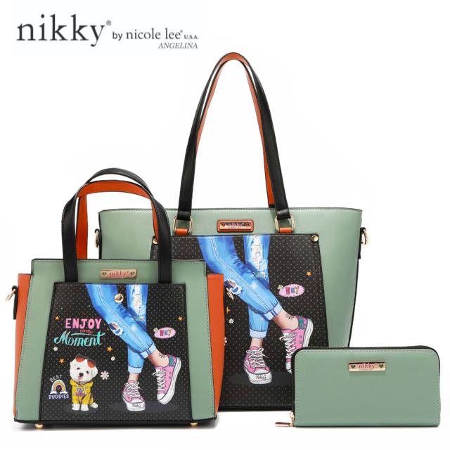 Nikky by nicole lee（ニッキー）NK12364 レディース ３点セット トートバッグ＋スモールハンドバッグ＋ラウンドファスナー長財布 ショルダー ビーガンレザー 30代 40代 20代 春夏秋冬 ENJOY EVERY MOMENT SDGs サステナブル 50代 60代 カーキ インスタ