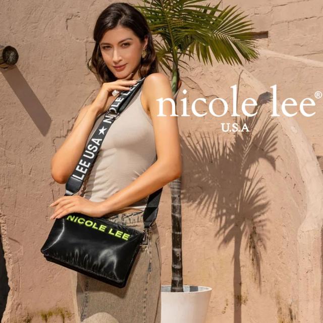 2024 新作 数量限定 NICOLE LEE ニコールリー P17013 BLACK PUFFY ZIP CROSSBODY レディース ナイロン クラッチ ナナメ掛けショルダーミニバッグ カジュアル ショルダー 通勤通学 nicolelee ニコルリー パデッド ベロアデザイン ライムグリーンロゴ 仕切り収納 ポーチ