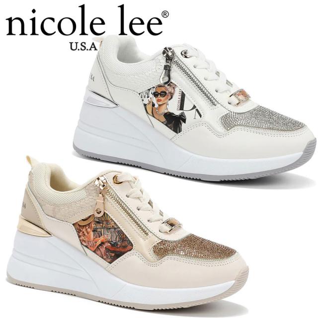 2024 新作 日本　限定　３個 NICOLE LEE ニコールリー SNK23021 LADY IN BLACK レディース ラグジュアリー カジュアル スニーカー 厚底 ラインストーンスニーカー 宝石キラキラビジュー ニコルリー RHINESTONE HEEL SNEAKER ゴールド シルバー HEAVEN ON EARTH 靴 白