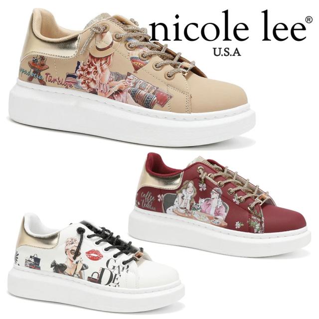 2024 新作 日本限定３個 NICOLE LEE ニコールリー SNK23040 LADY IN BLACK レディース ラグジュアリー カジュアル スニーカー 厚底 グラフィック ペイント 宝石キラキラビジュー ニコルリー CLASSIC RHINESTONE SNEAKER ラインストーン靴ひも HEAVEN ON EARTH 大人
