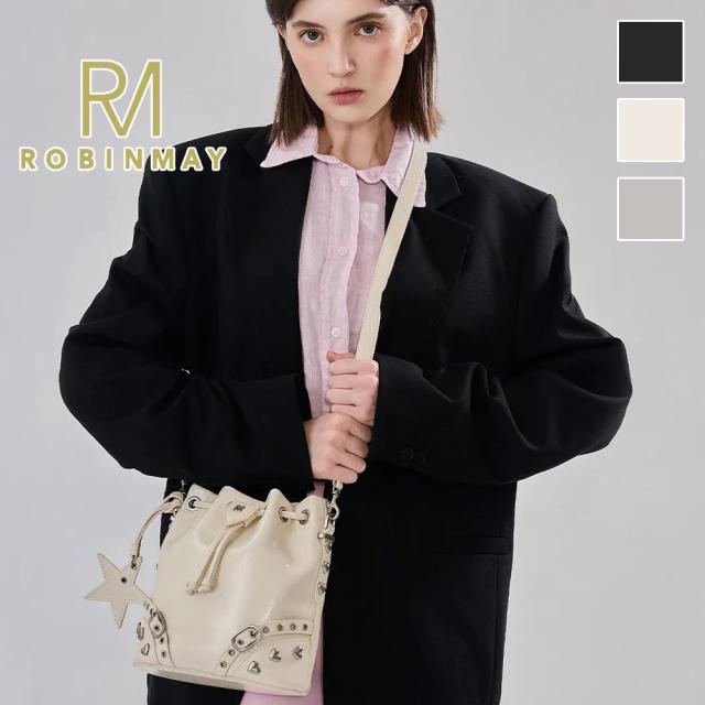 保証付 返品OK  正規品  2024 ROBINMAY ロビンメイ  B244 レディース RMロゴ 巾着 バケットバッグ ハンドバッグ  2WAY ショルダー 肩掛 ビーガン人気  50代30代 40代 20代 SDGs ニュートラルカジュアル 台湾 クロスボディ 暮可肩背包 メタルロゴ クールスタッズ 星型ミラー