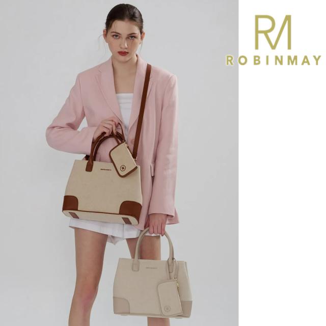 保証付 返品OK  正規品  2024 ROBINMAY ロビンメイ  WB082 レディース バイカラー リネンハンドバッグ スクエア型 麻 キャンバス ショルダー 大きめ ビーガンレザー ヴィーガン 人気 30代 40代 20代 SDGs サステナブル  小銭入れポーチ付 台湾 瑞?麻布手提包(L) トート型