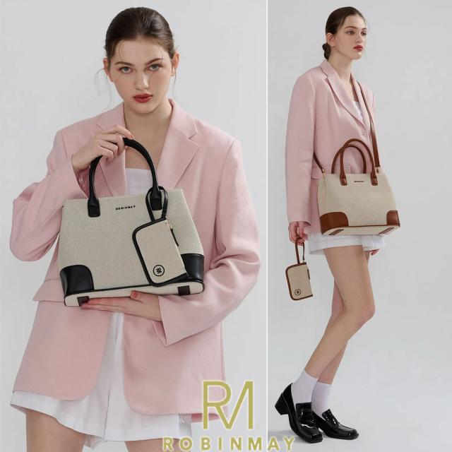 保証付 返品OK  正規品  2024 ROBINMAY ロビンメイ  WB082 レディース バイカラー リネンハンドバッグ スクエア型 麻 キャンバス ショルダー 大きめ ビーガンレザー ヴィーガン 人気 30代 40代 20代 SDGs サステナブル  小銭入れポーチ付 台湾 瑞?麻布手提包(L) トート型