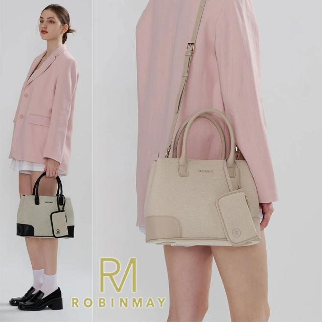 保証付 返品OK  正規品  2024 ROBINMAY ロビンメイ  WB082 レディース バイカラー リネンハンドバッグ スクエア型 麻 キャンバス ショルダー 大きめ ビーガンレザー ヴィーガン 人気 30代 40代 20代 SDGs サステナブル  小銭入れポーチ付 台湾 瑞?麻布手提包(L) トート型
