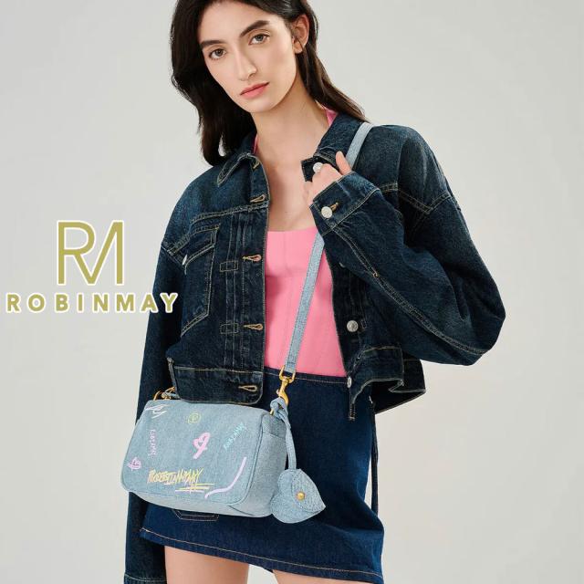 保証付 返品OK  正規品 2024 ROBINMAY ロビンメイ  WB112 Alexa 肩背包 レディース デニム カジュアル ショルダー バッグ 落書き グラフィック ペイント 50代　60代　人気 30代 40代 20代 SDGs 新作 入荷 台湾 海外モデル 鞄 ポップ 通勤通学 ハート型チャーム付き ブルー