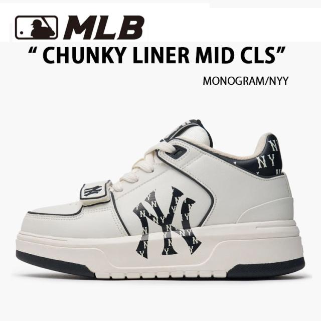MLB エムエルビー レディース 厚底スニーカー MLB CHUNKY LINER MID CLASSIC NYY ヤンキース モノグラムロゴ ヤンキース 厚底スニーカー