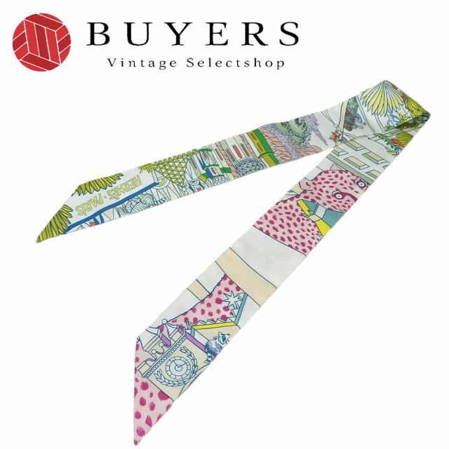 中古   エルメス ツイリー スカーフ シルク100％ アニマポリス ホワイト グリーン ピンク マルチカラー 小物 アクセサリー レディース 女性 オシャレ HERMES Twille scarf Accessories animapolis green multicolor