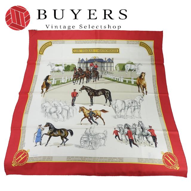 中古 エルメス スカーフ カレ90 シルク100％ LES HARAS NATIONAUX 国立種馬飼育場 レッド ベージュ レディース 女性 HERMES CARRE90 scarf silk red beige