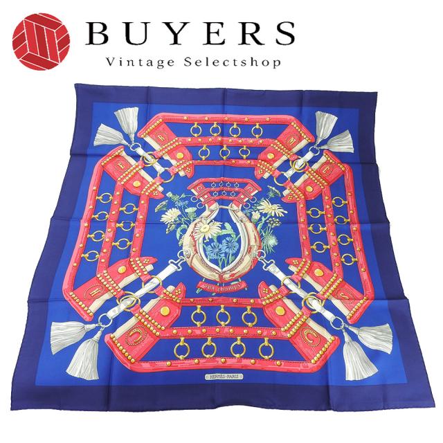 中古  エルメス スカーフ カレ90 シルク100％ フィールドへ  aux champs ネイビー ブルー ピンク レディース 女性 HERMES CARRE90 scarf silk