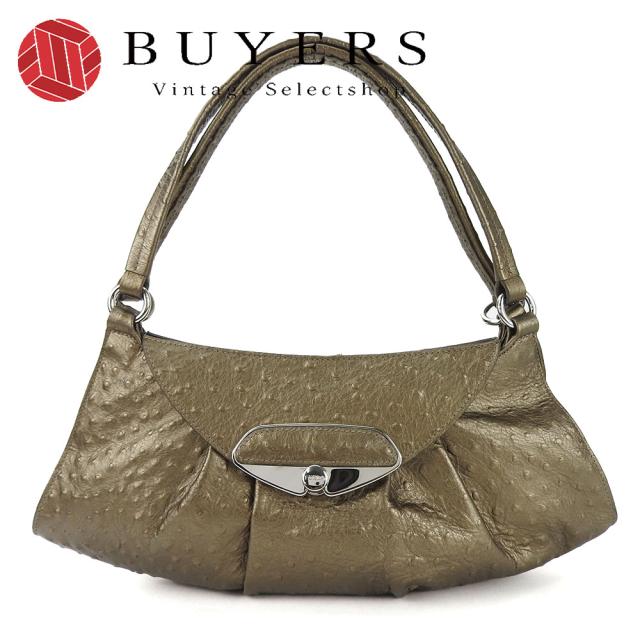 中古 フルラ ハンドバッグ 肩掛け オーストリッチ調 型押し レザー 革 ブロンズ系 シルバー金具 普段使い レディース 女性 FURLA tote bag bronze