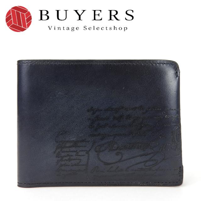 中古   ベルルッティ 二つ折り 札入れ 財布 コンパクト ウォレット マコレ スクリットレザー カリグラフィ パティーヌ E0148 ネイビー系 レザー 革 シック 小物 メンズ 男性 Berluti Wallet Leather makore