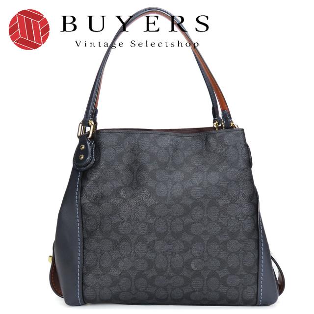 中古 コーチ トートバッグ 31698 シグネチャー レザー PVC ダークグレー ブラウン ゴールド金具 肩掛け 普段使い レディース 女性 COACH