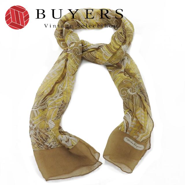 中古 サルヴァトーレフェラガモ スカーフ シルク カーキ イエロー ブラウン ボタニカル柄 おしゃれ 小物 レディース 女性 Salvatore Ferragamo