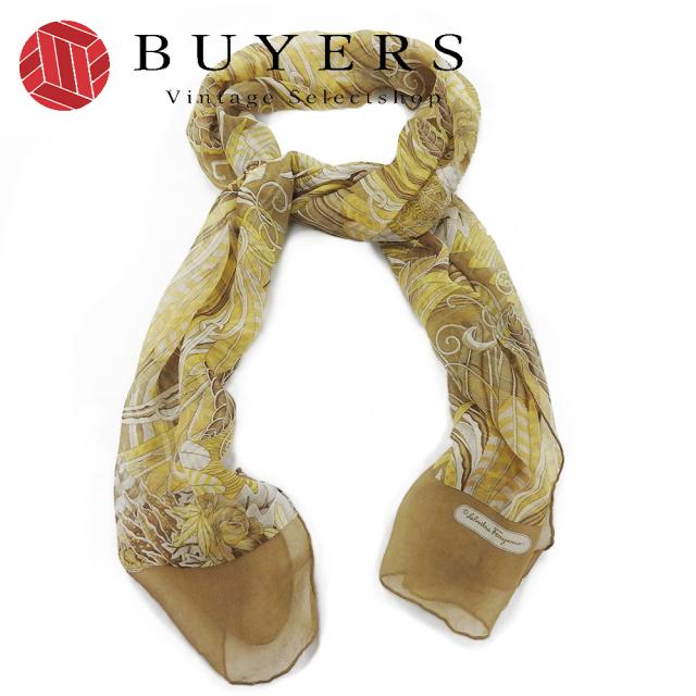 中古 サルヴァトーレフェラガモ スカーフ シルク カーキ イエロー ブラウン ボタニカル柄 おしゃれ 小物 レディース 女性 Salvatore Ferragamo