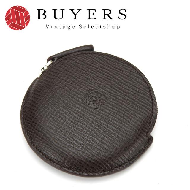 中古 ロエベ ケース レザー ブラウン シルバー金具 アナグラム 小物 ラウンド レディース メンズ LOEWE