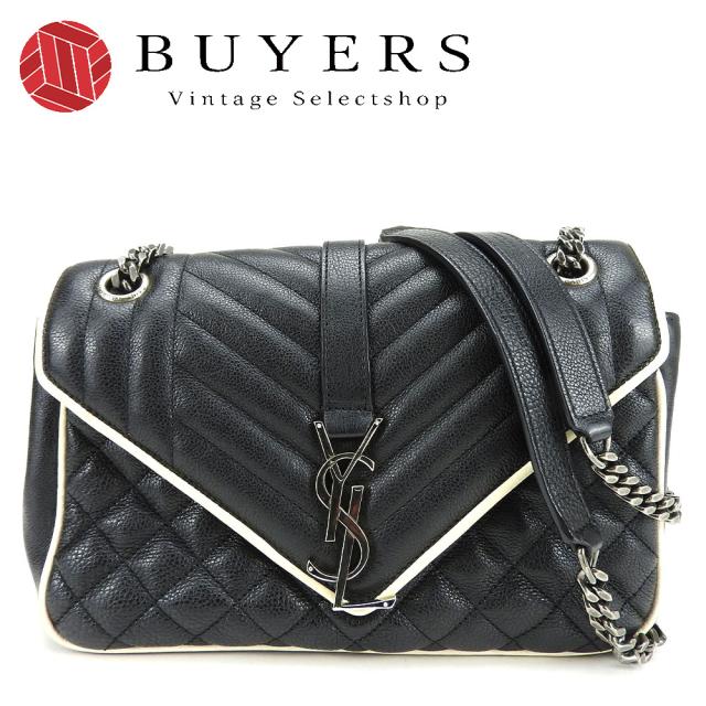 中古 サンローラン ショルダーバッグ サッチェル エンヴェロープ レザー ブラック アイボリー シルバー金具 肩掛け 斜め掛け YSL レディース 女性 SAINT LAURENT