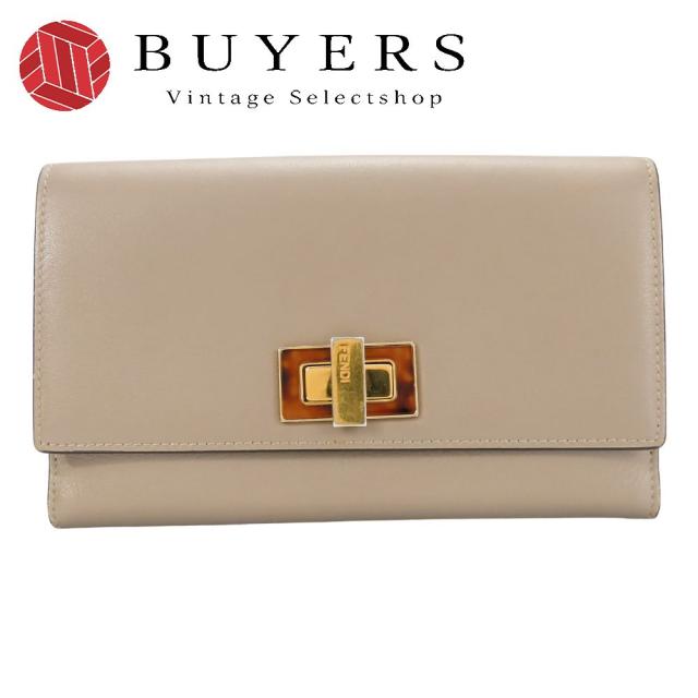 中古 フェンディ 二つ折り財布 8M0308 ピーカブー  レザー ベージュ グレージュ ゴールド金具 長財布 レディース 女性 FENDI