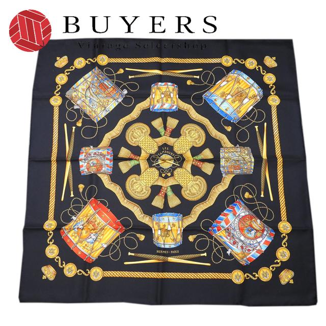 中古 エルメス スカーフ カレ90 シルク ブラック ゴールド LES TAMBOURS タンブールの太鼓 レディース 女性 HERMES