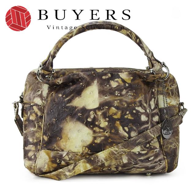 中古 ノーブランド ハンドバッグ オーストリッチ ベージュ系 ブラック シルバー金具 2WAY ショルダーバッグ JRAタグ付き レディース 女性 no brand