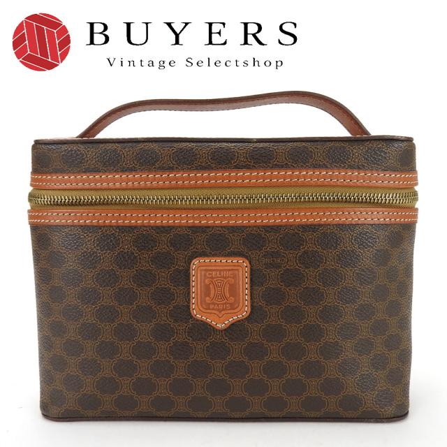 中古 セリーヌ ハンドバッグ マカダム PVC レザー ブラウン ゴールド金具 バニティバッグ ポーチ レディース 女性 CELINE