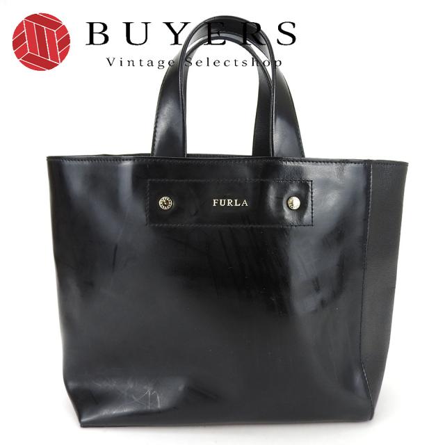中古 フルラ ハンドバッグ エナメル レザー ブラック ゴールド金具 シンプル レディース 女性 Furla
