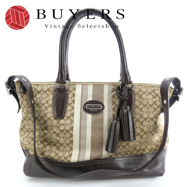 中古 トートバッグ 21154 シグネチャー キャンバス レザー ダークブラウン ベージュ シルバー金具 ショルダーバッグ 肩掛け 2WAY レディース 女性